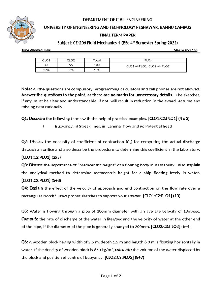 Final Term Fluid Mechanics-I Paper Spring 2022 | PDF | Soft Matter | Liquids