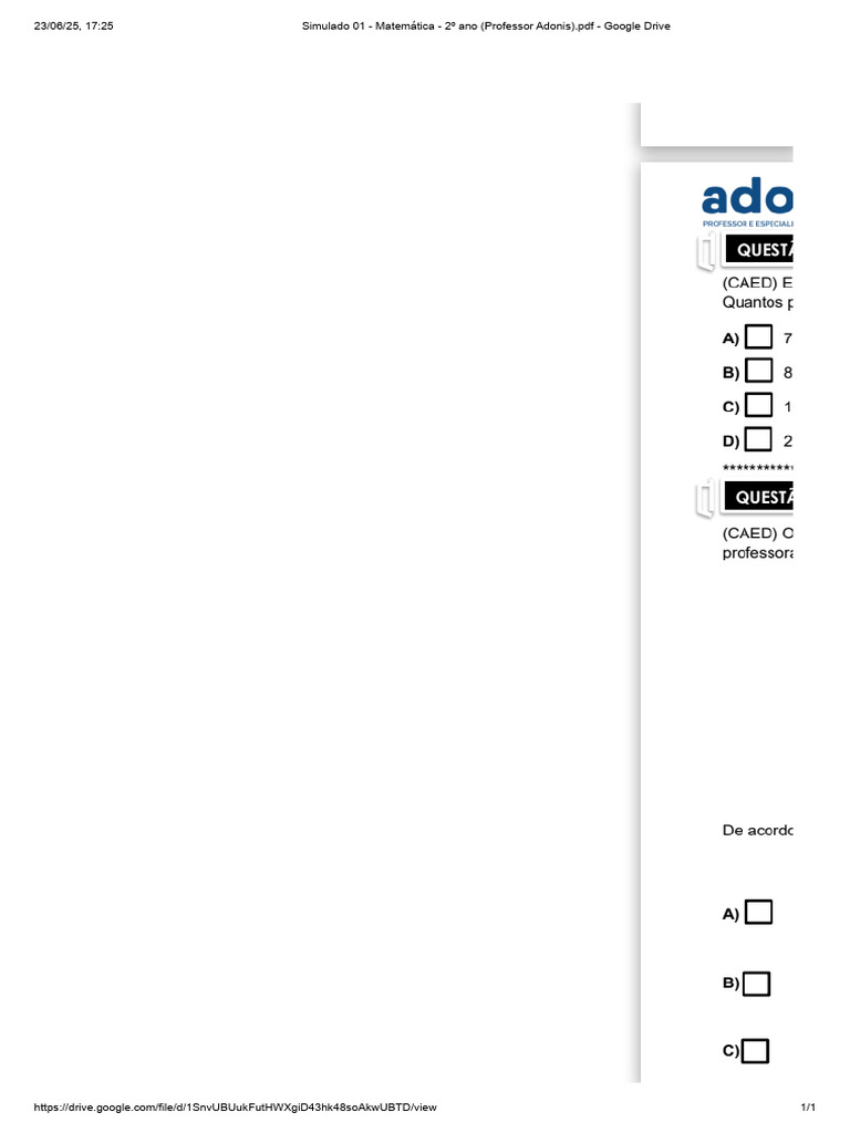 Simulado 01 - Matemática - 2º Ano (Professor Adonis) .PDF - Google Drive | PDF