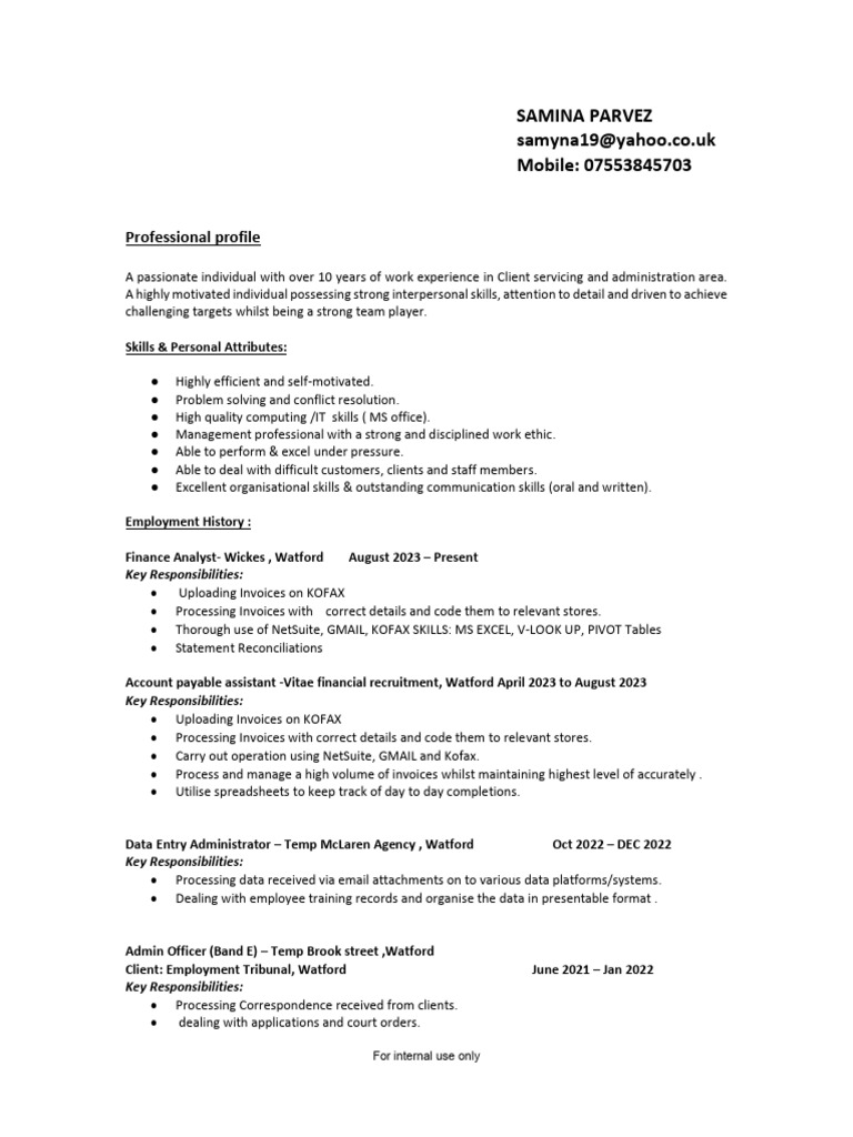 Samina Parvez 2024 CV | PDF | Microsoft Excel | Computing