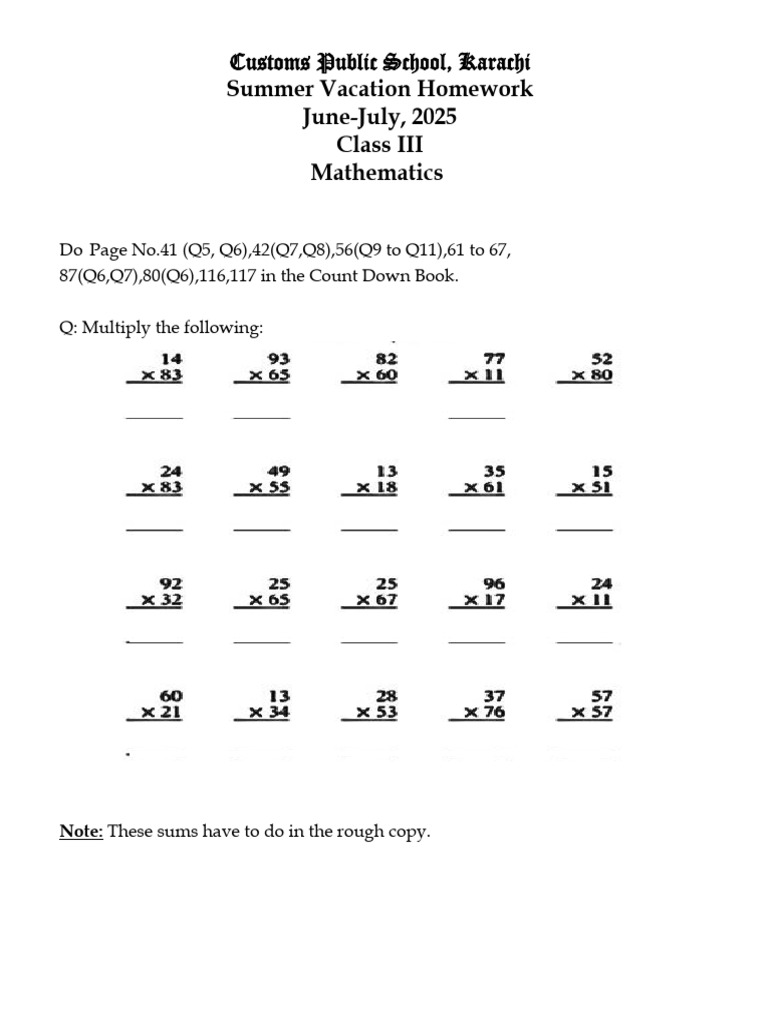 Maths Class 3 Summer Vacation Homework 2025 | PDF
