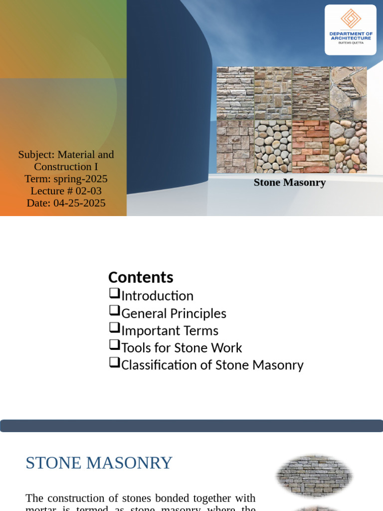 LEC# 02 & 03 Stone Masonry | PDF | Masonry | Mortar (Masonry)