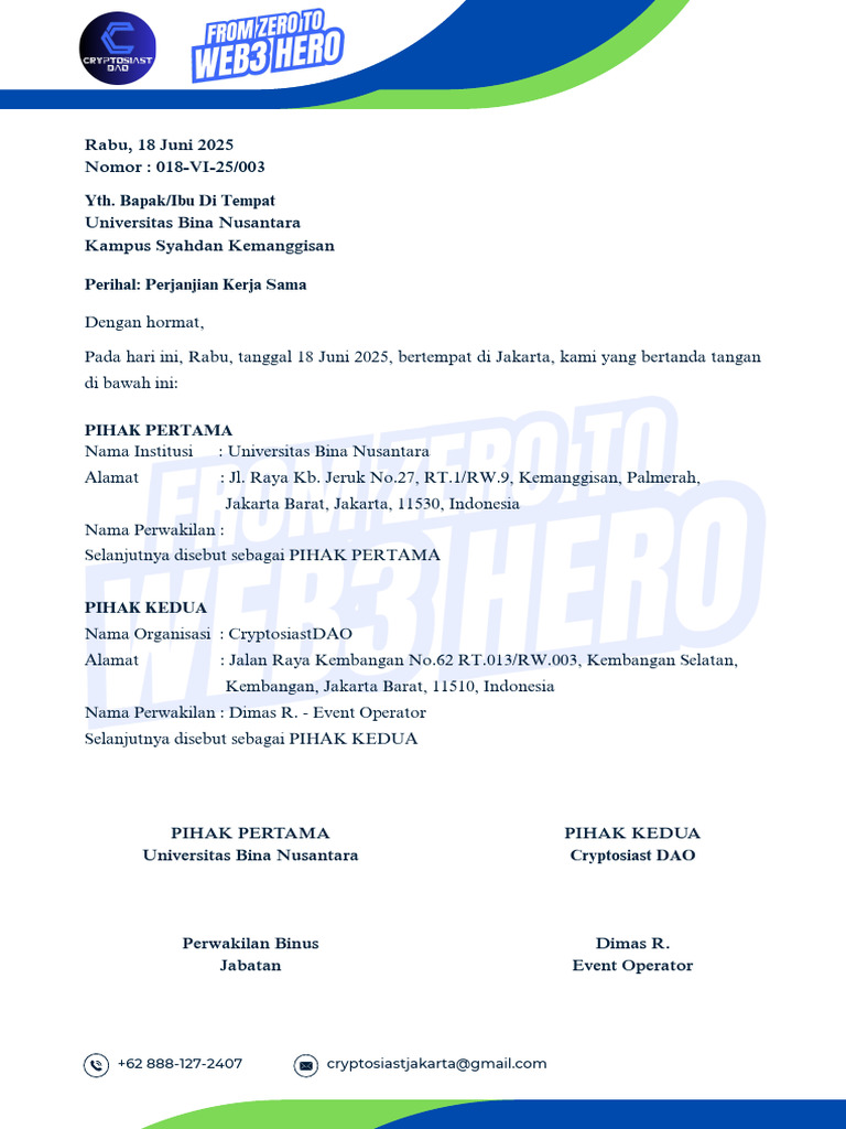 Surat Perjanjian Kerjasama CryptosiastDAO X BINUS University | PDF