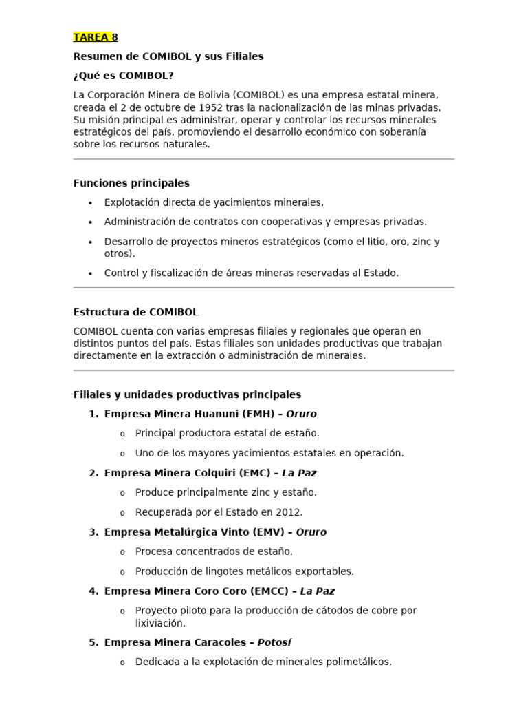COMIBOL: Estructura y Funciones Mineras | PDF