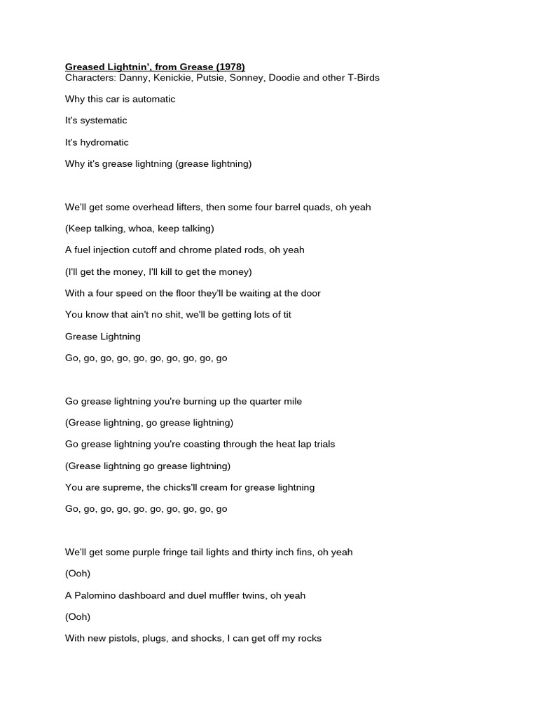 Greased Lightning Lyrics Overview | PDF