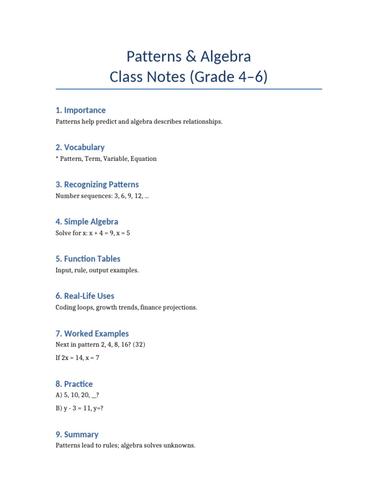 Patterns and Algebra Grade4-6 | PDF