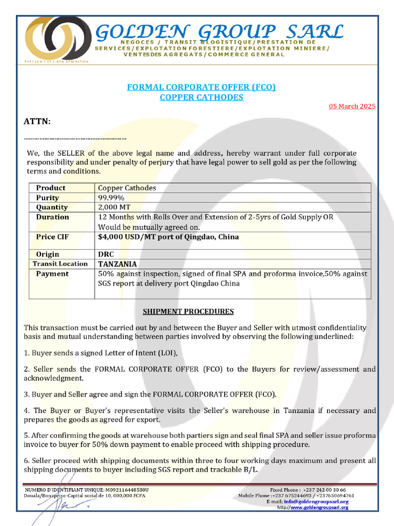 FCO Golden Group Copper Cathodes 2000MT-1-Real | PDF