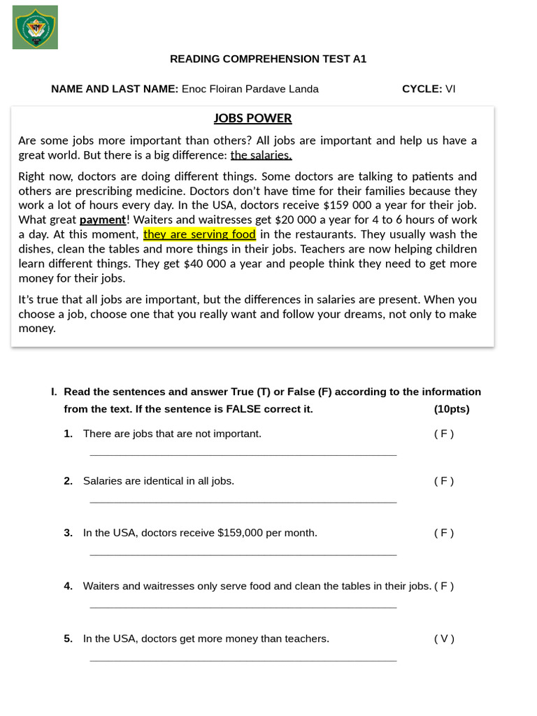 A1 Reading Comprehension Test on Jobs | PDF | Waiting Staff | Chess ...