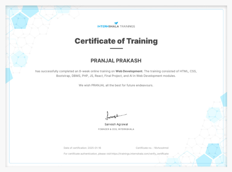 Web Development Training - Certificate of Completion | PDF