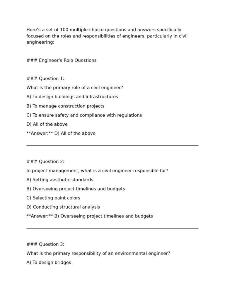 Civil Engineering Roles: 100 Q&A Guide | PDF | Civil Engineering ...