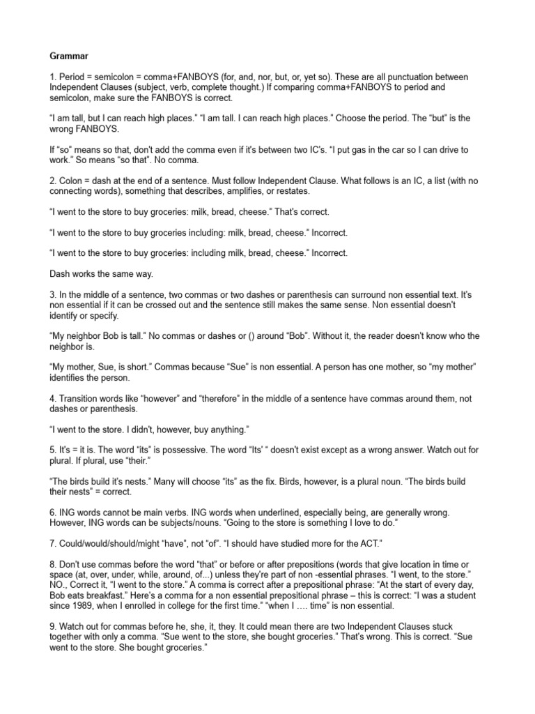 ACT English Cheat Sheet and Big 5 | PDF | Grammatical Number | Pronoun