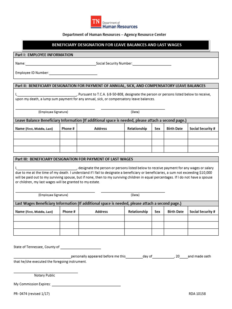 Beneficiary Designation For Leave Balances and Last Wages 2017 | PDF