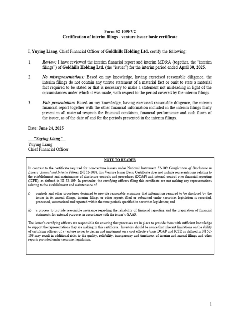 Goldhills 52-109FV2 - Certification of Interim Filings - CFO | PDF ...