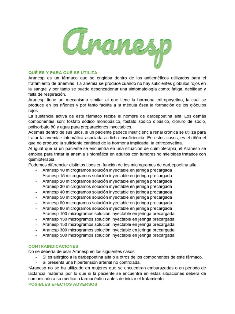 Aplicación y Dosis de Aranesp | PDF | Inyección (medicina) | Anemia