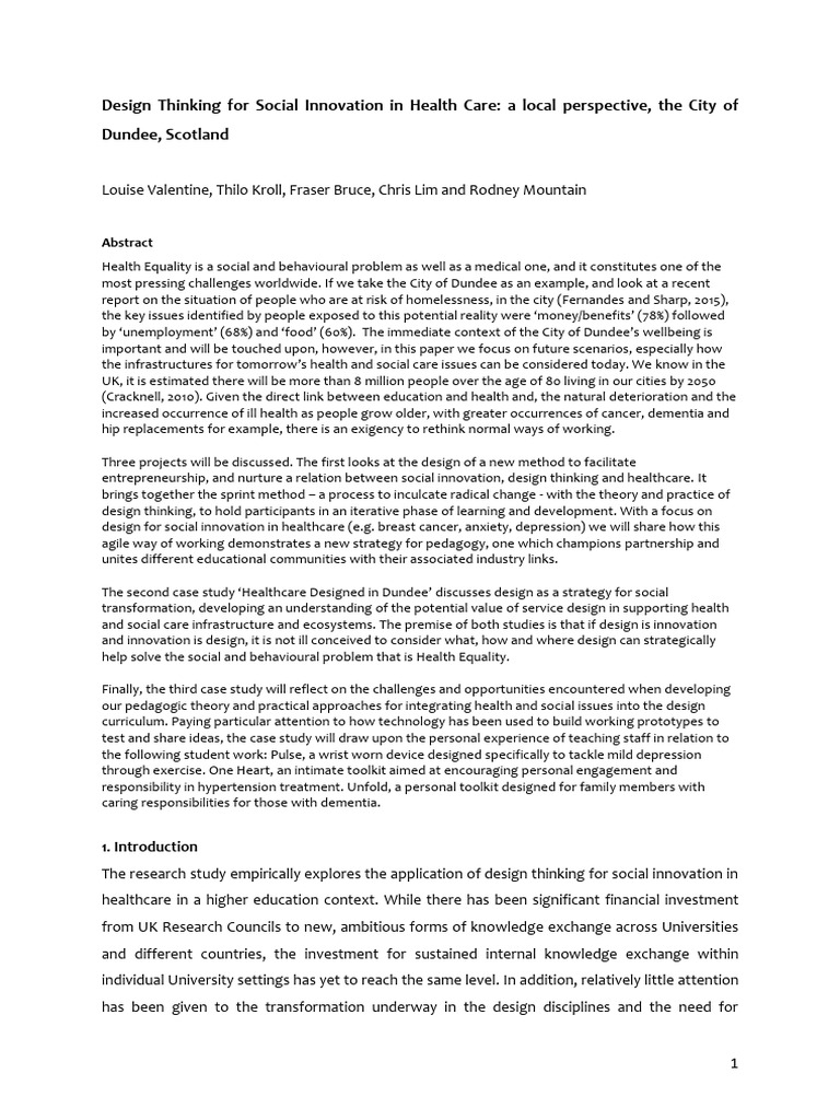 Design Thinking For Social Innovation in Health Care: A Local ...