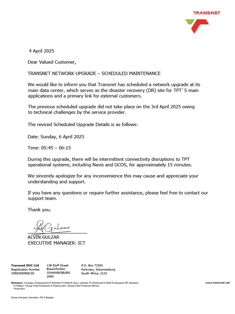 2025 Transnet Network Upgrade Scheduled Maintenance | PDF