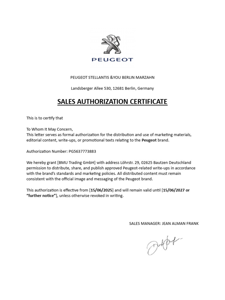 Peugeot Marketing Authorization Certificate | PDF