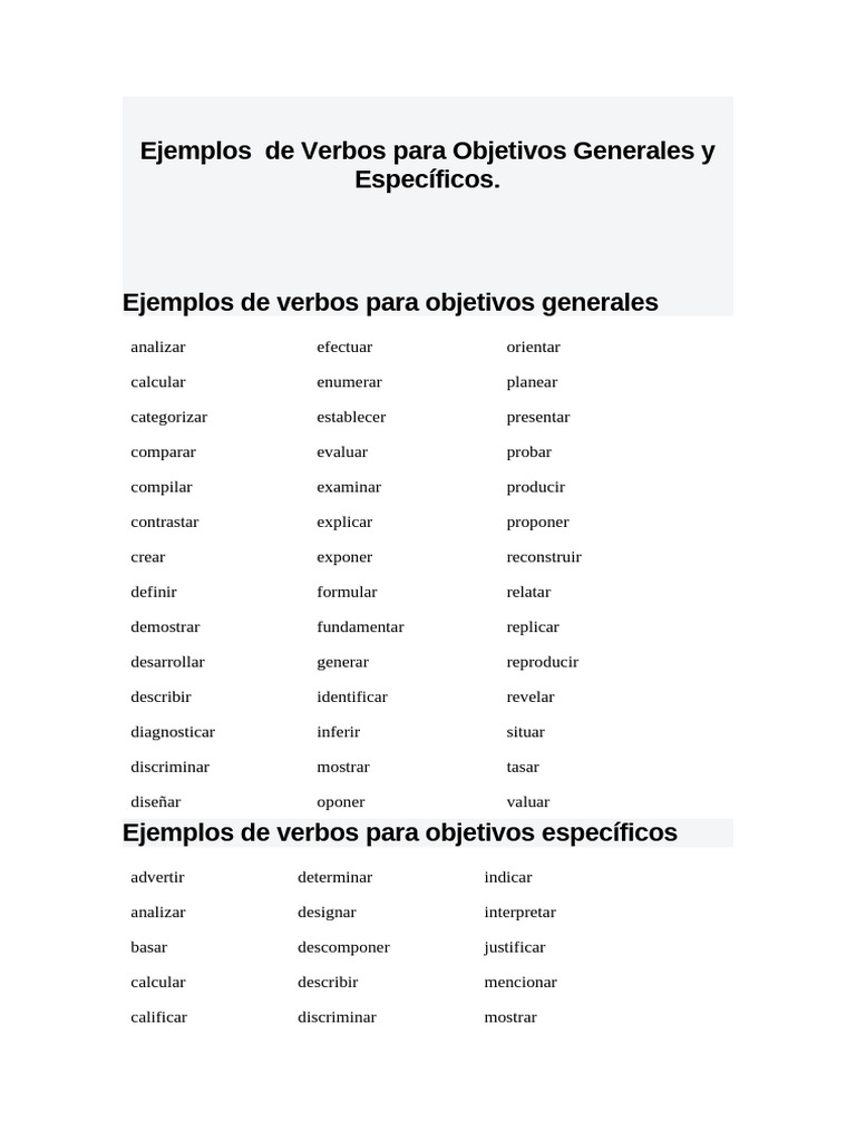 Ejemplos de Verbos para Objetivos Generales y Específicos | PDF