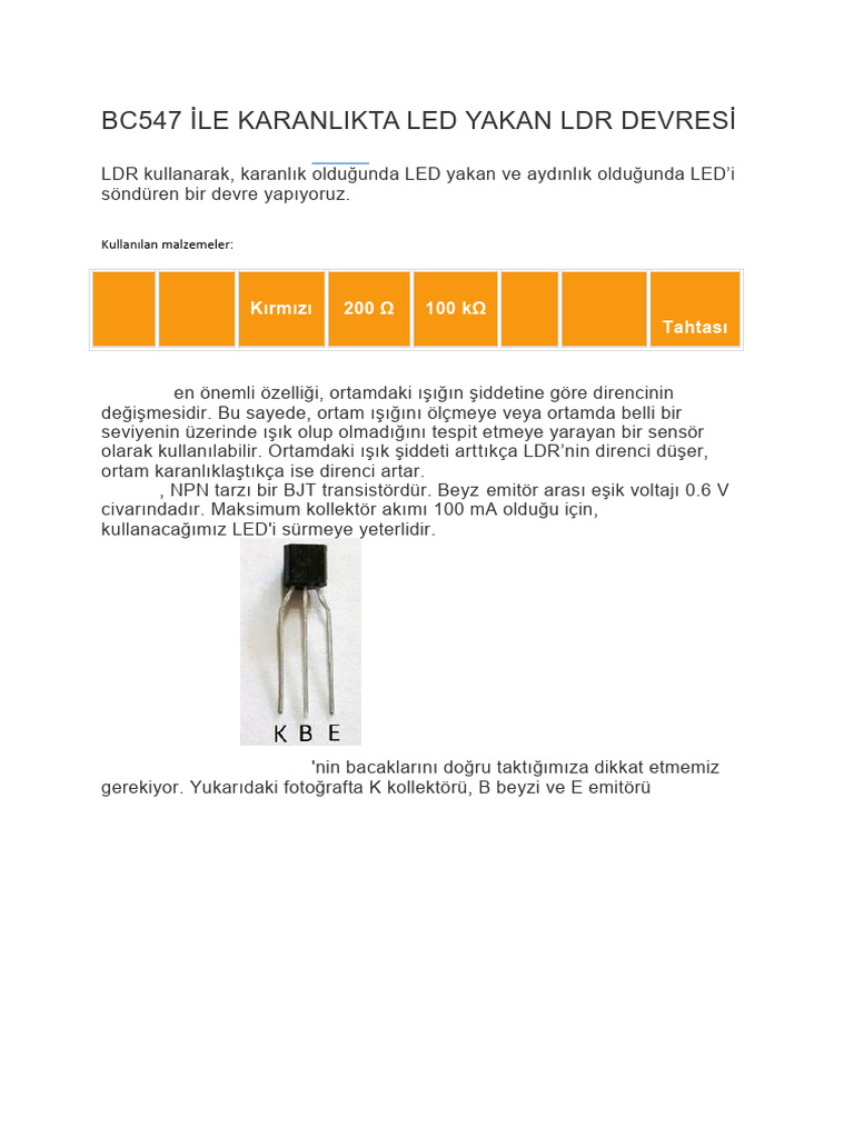 Bc547 İle Karanlikta Led Yakan LDR Devresi̇ | PDF