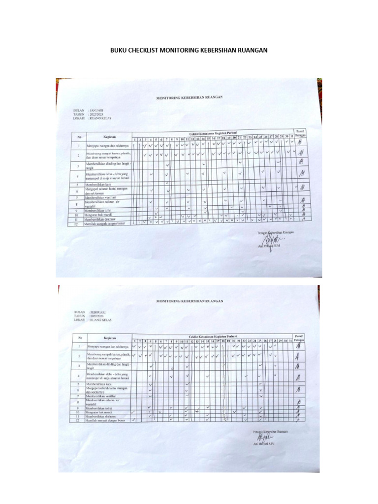 Buku Checklist Monitoring Kebersihan Ruangan) 2023 | PDF