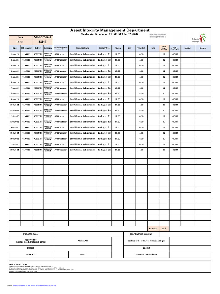 SENTHIL Timesheet June Month TA2025 (For Contractors) | PDF