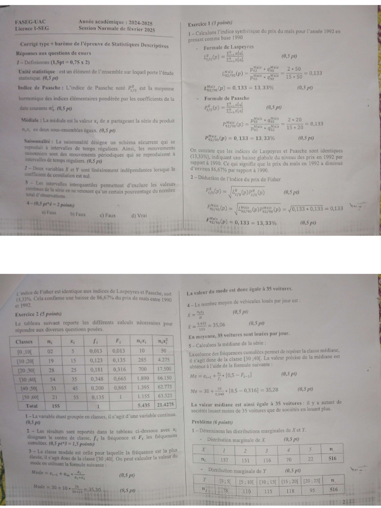 Corrigé - Type SN Statistiques 2025 | PDF
