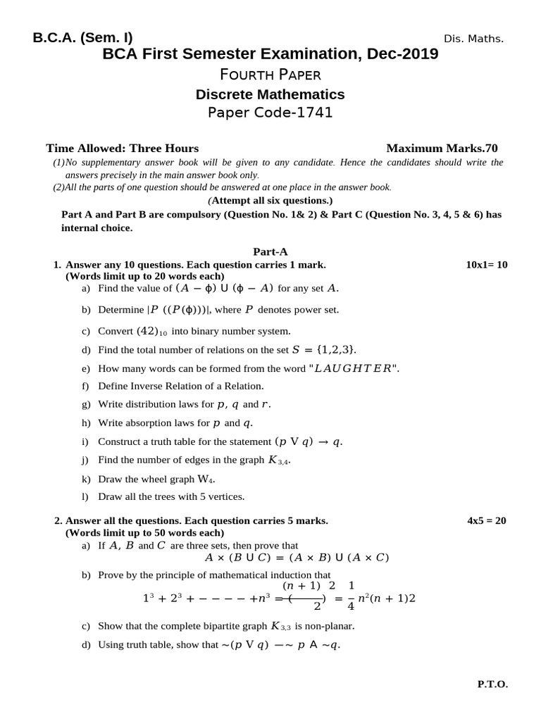 BCA 1st Sem Discrete Mathematics Exam Paper | PDF | Vertex (Graph ...
