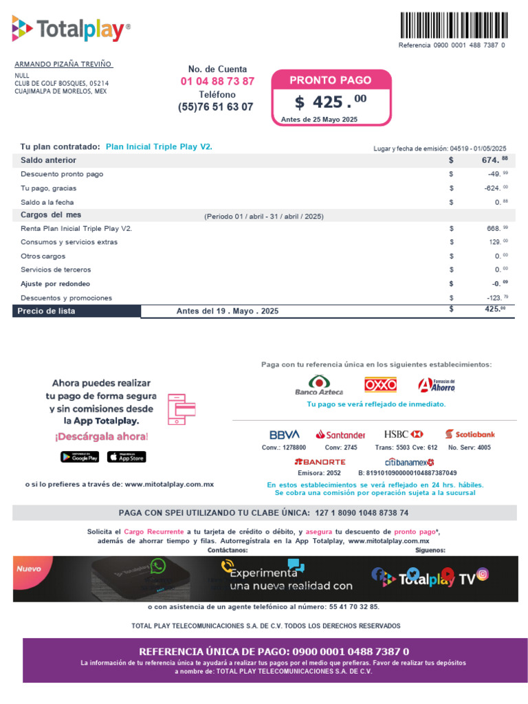 Pago Plan Triple Play Totalplay 2025 | PDF | Tecnología bancaria | Bancario