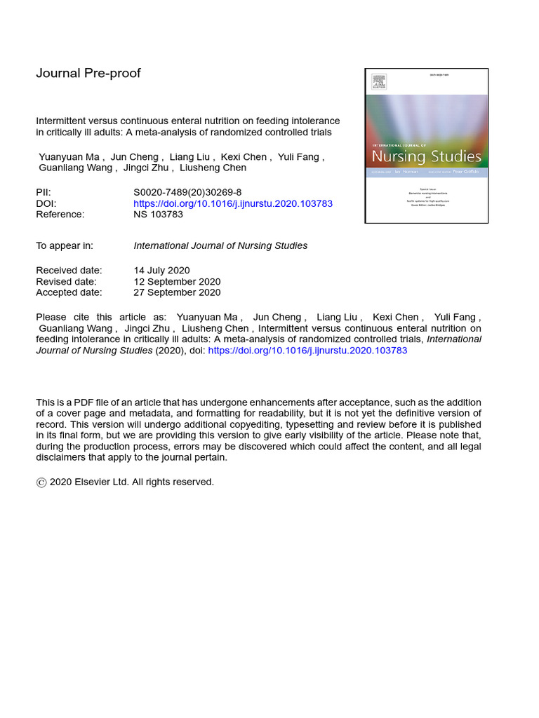 Intermittent vs Continuous Enteral Nutrition | PDF | Meta Analysis ...