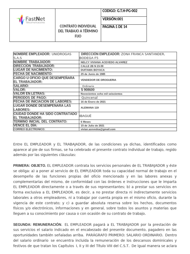 Contrato de Trabajo Vendedor Droguería | PDF | Salario | Derecho laboral