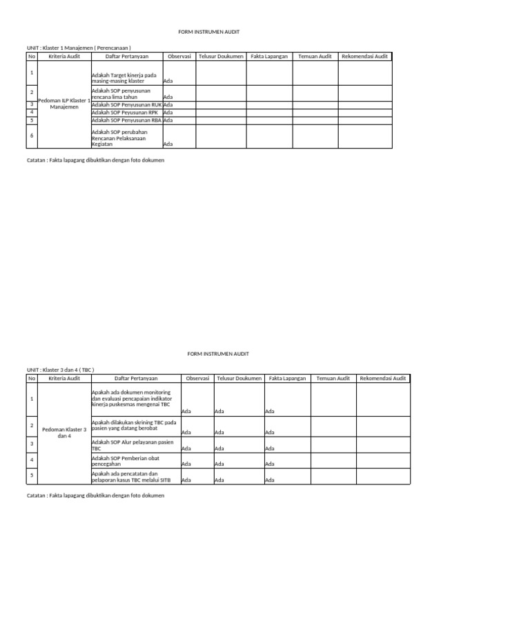 Instrumen Audit Internal Semester 1 THN 2025 | PDF