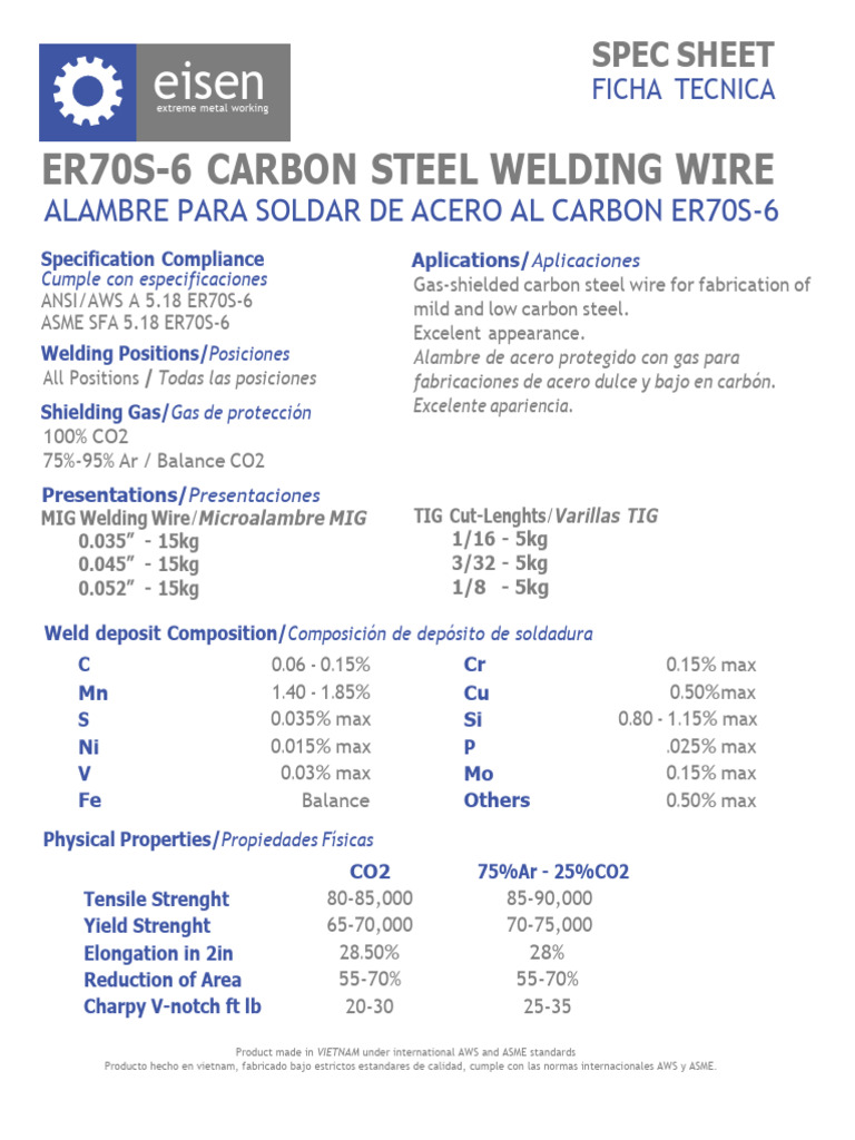 Ficha Tecnica ER-70S-6 (EISEN) | PDF | Ingeniería mecánica | Procesos industriales