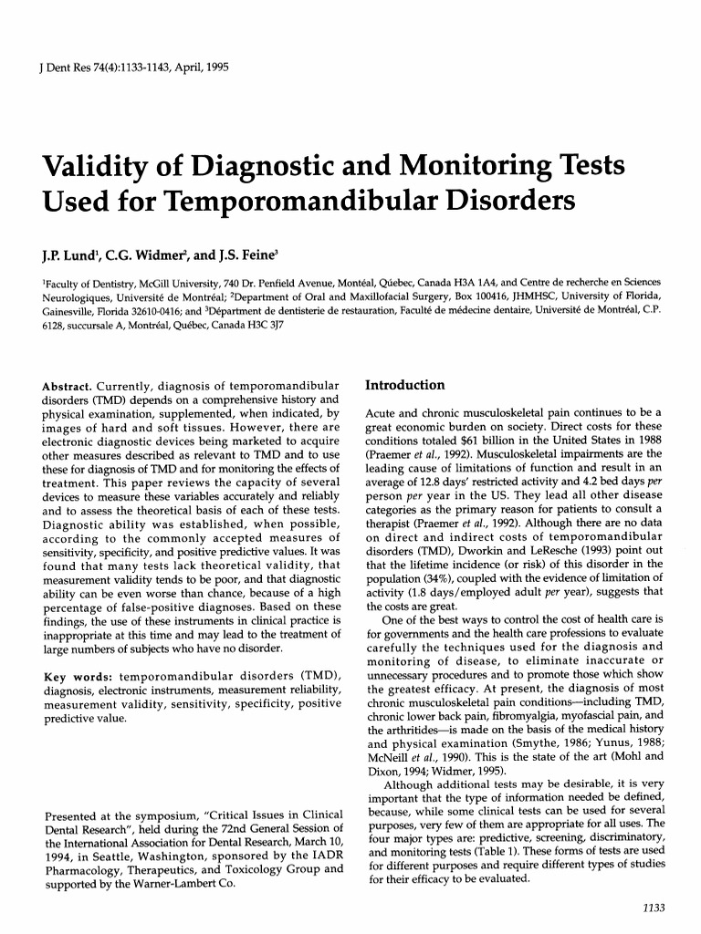 Validity of Diagnostic and Monitoring Tests Used For TMJ | PDF ...