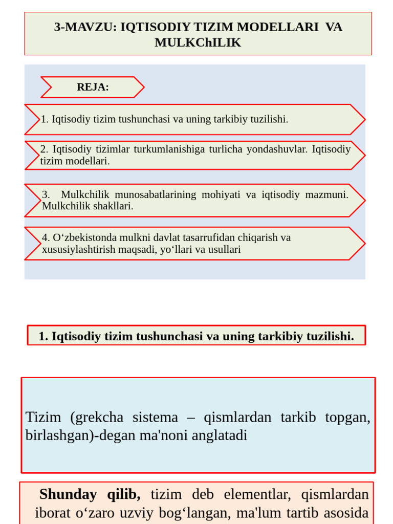 3-Mavzu Iqtisodiy Tizim Modellari Va Mulkchilik I | PDF