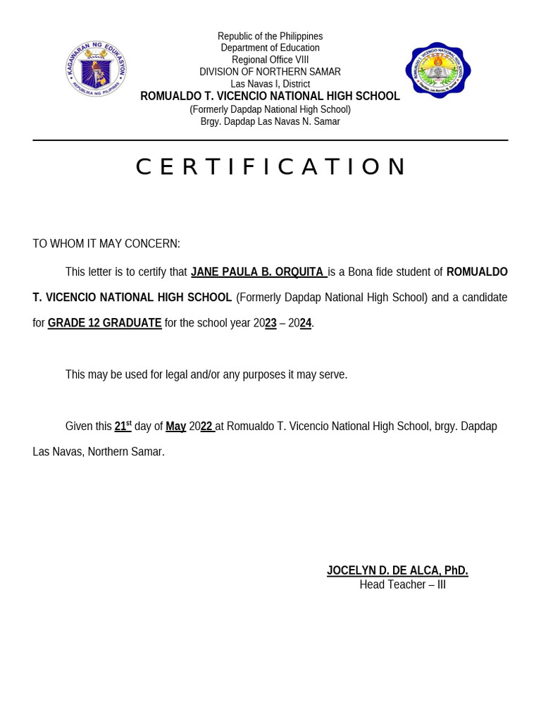 Certification of Grade 12 Student | PDF