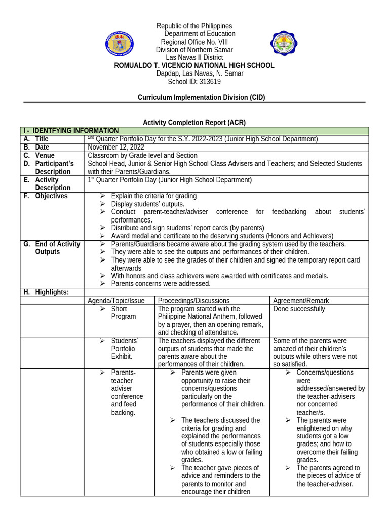 1st Quarter Portfolio Day Report 2022 | PDF | Teachers | Learning