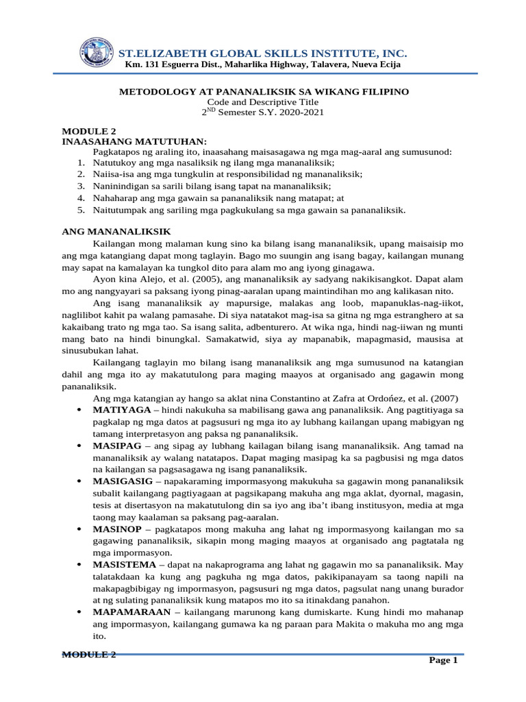 Module 2 Metodology at Pananaliksik Sa Wikang Filipino | PDF