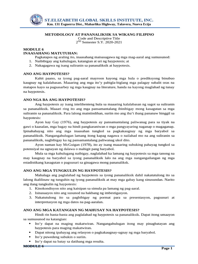 Module 6 Metodology at Pananaliksik Sa Wikang Filipino | PDF