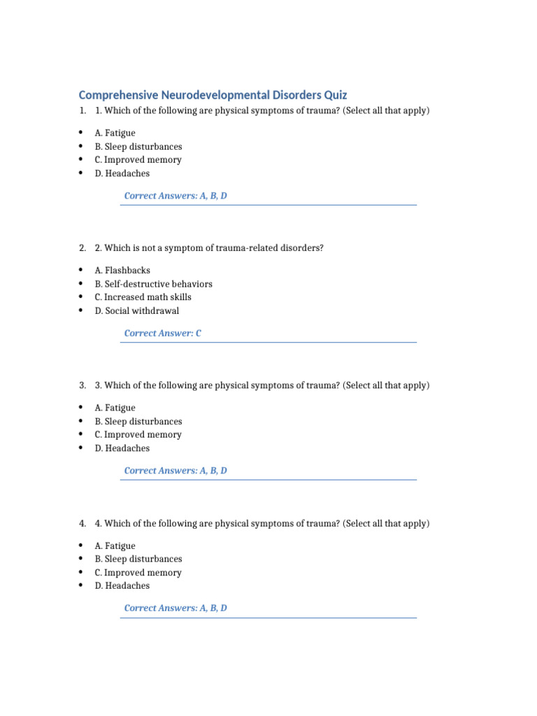 Neurodevelopmental Disorders Quiz | PDF | Psychological Trauma | Mental ...