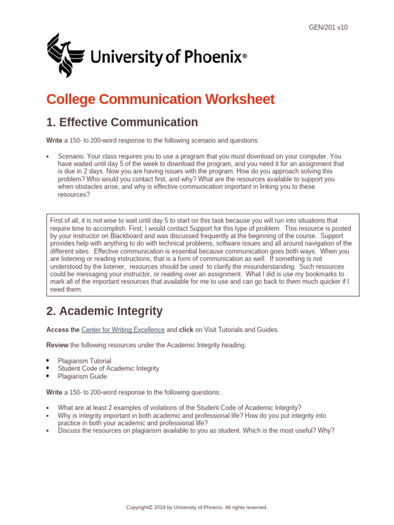 Gen201 v10 Wk3 College Communication Worksheet - Docx 3 | PDF ...