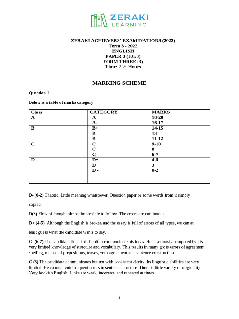 English Form 3 Paper 3 - Marking Scheme | PDF | English Language ...