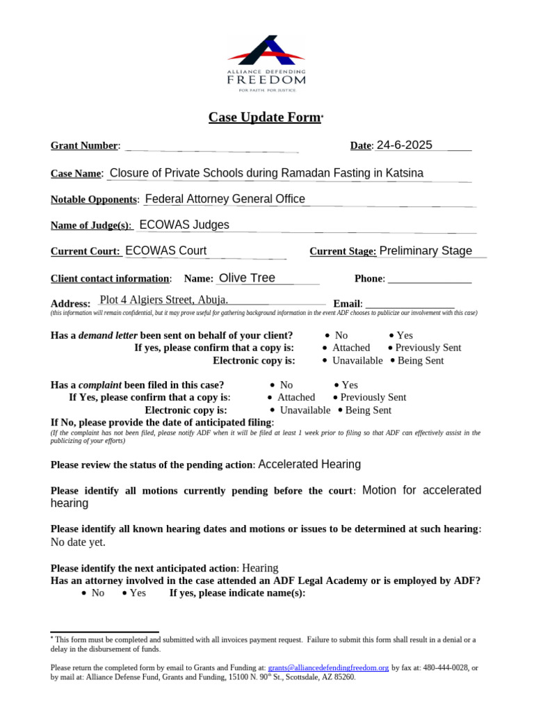 Case Update Form Katsina State | PDF | Alliance Defending Freedom | Justice