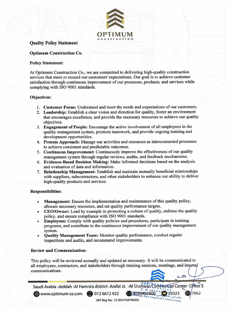 Quality Policy Statement | PDF