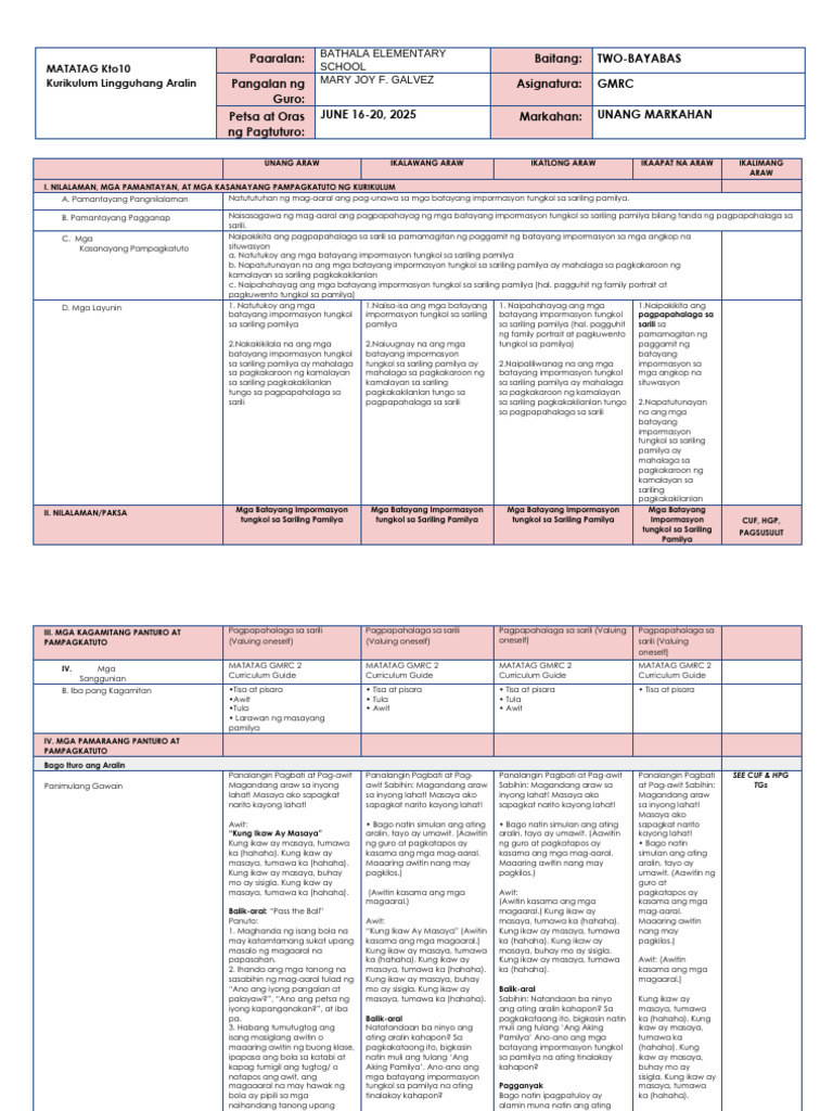 DLL Q1 W1 GMRC 2 Matatag | PDF