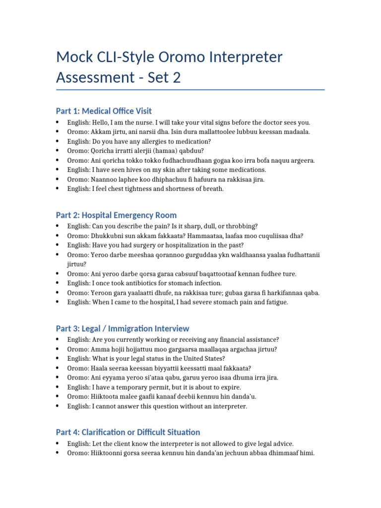 Mock CLI Oromo Interpreter Assessment Set 2 | PDF