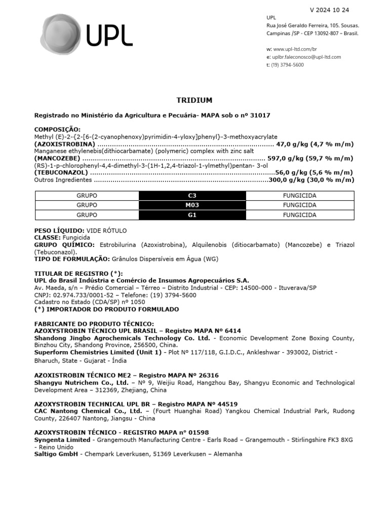 Bula do Fungicida Tridium UPL | PDF | Voo | Avião