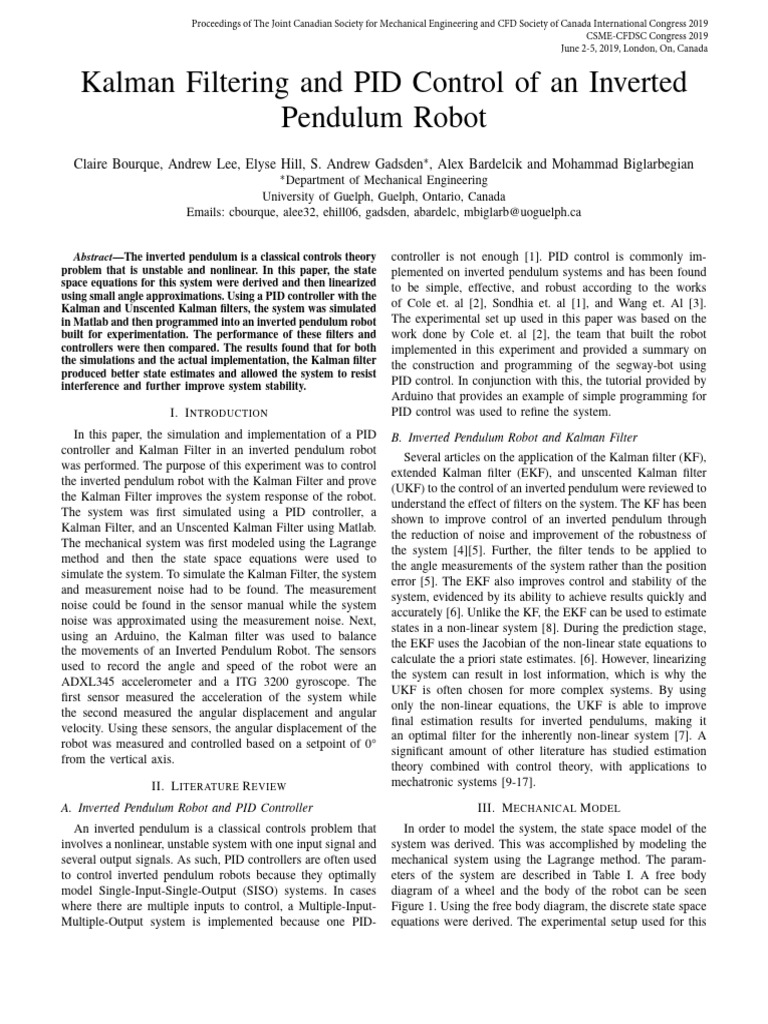 2019 Kalman Filtering and PID Control of An Inverted | PDF | Kalman Filter | Mechanics