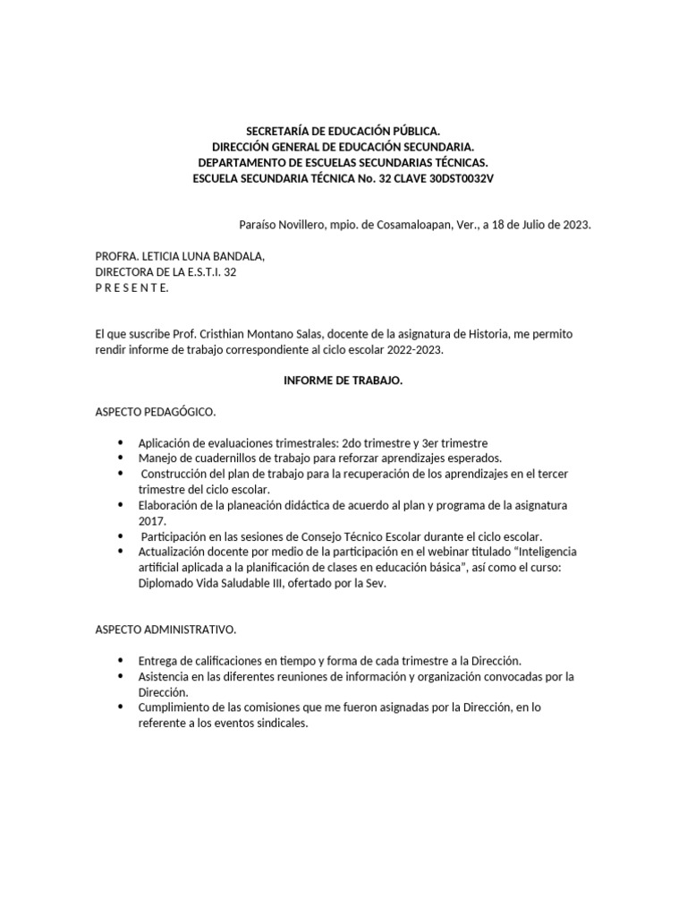 Informe de Labores Docentes 2022-2023 | PDF | Maestros | Educación primaria