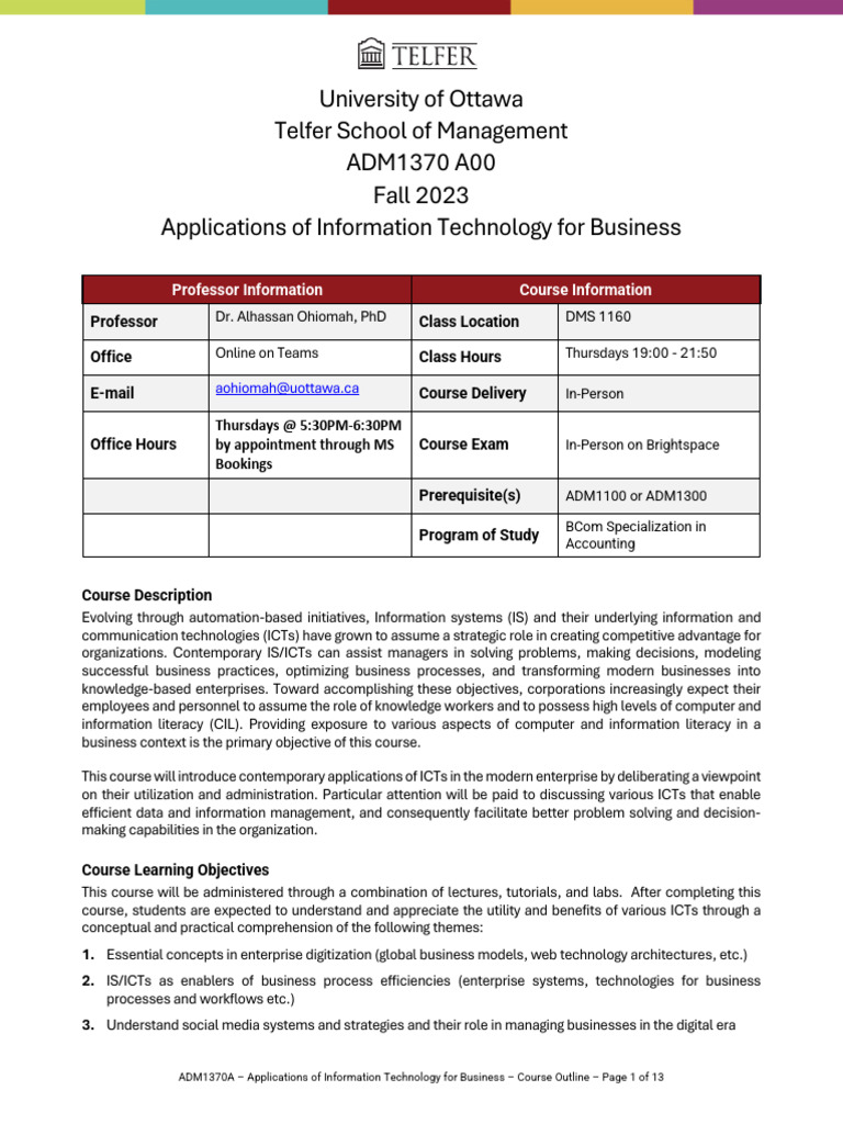 ADM1370 F23 Course Outline A00 | PDF | Databases | Academic Integrity