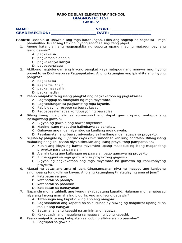 Diagnostic Test GMRC 5 | PDF