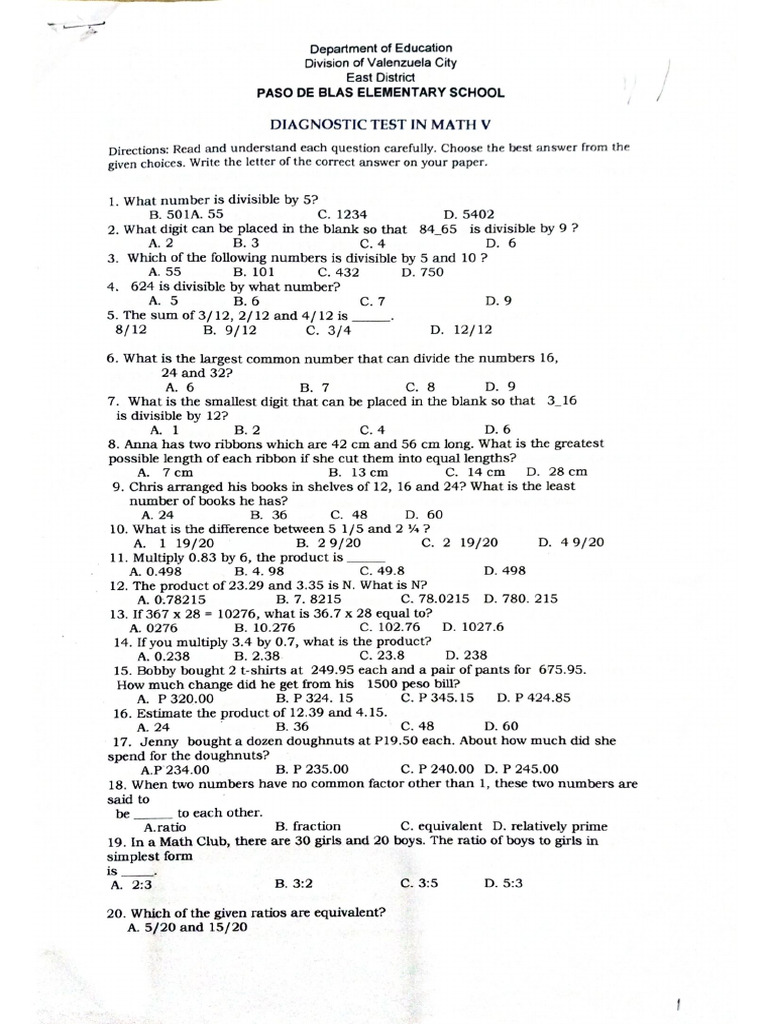 Diagnostic Test Math 5 | PDF